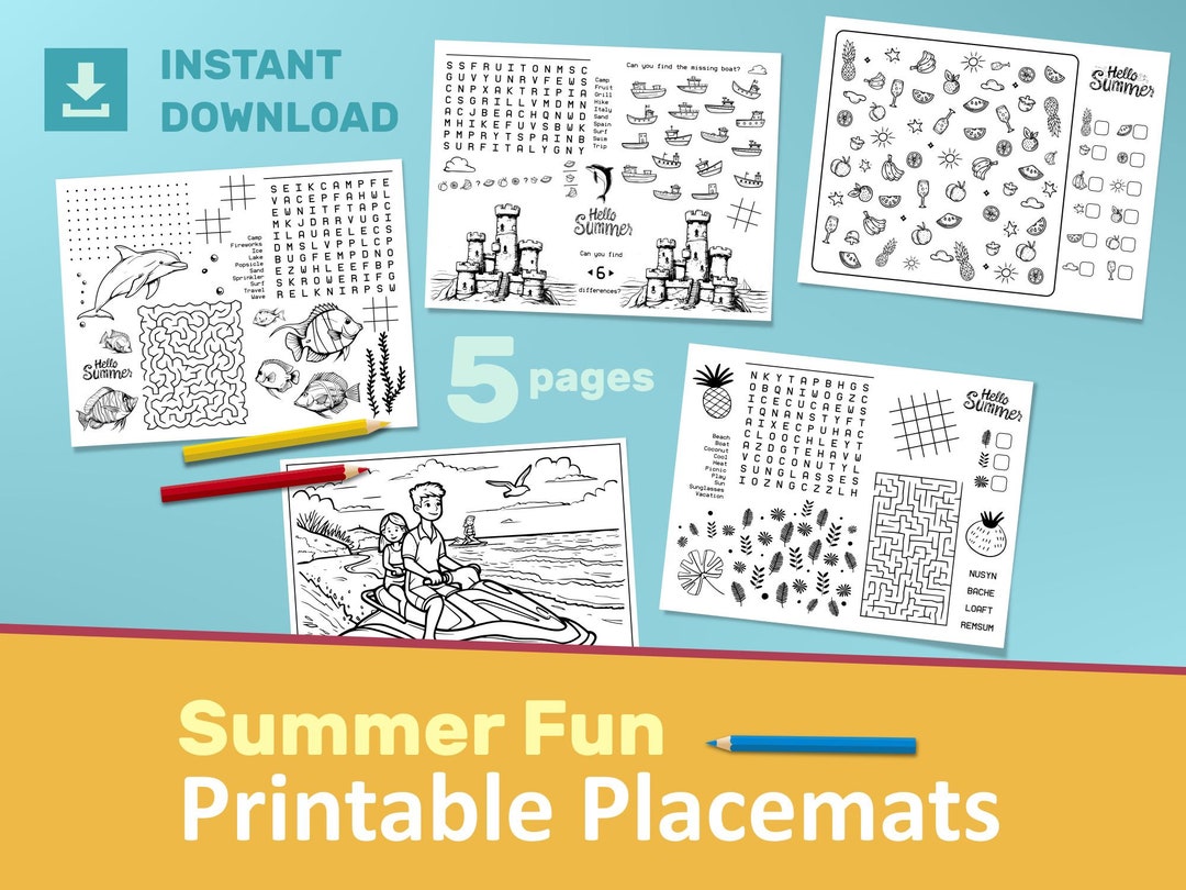Summer Activity Placemats for Kids: Printable Party Games (PDF) - Etsy