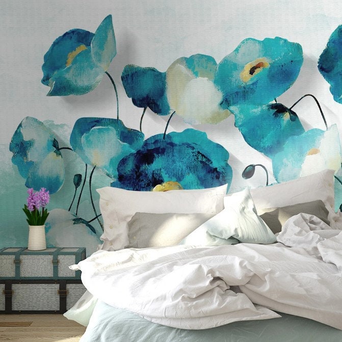 Self Adhesive Watercolor Turquoise Long Stem Garden Flowers Plants Non ...