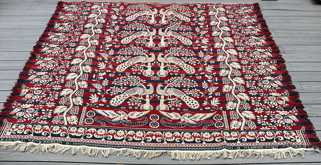 Antique Beiderwand Coverlet: Red, Navy, Beige Bird Motif, Signed - Etsy