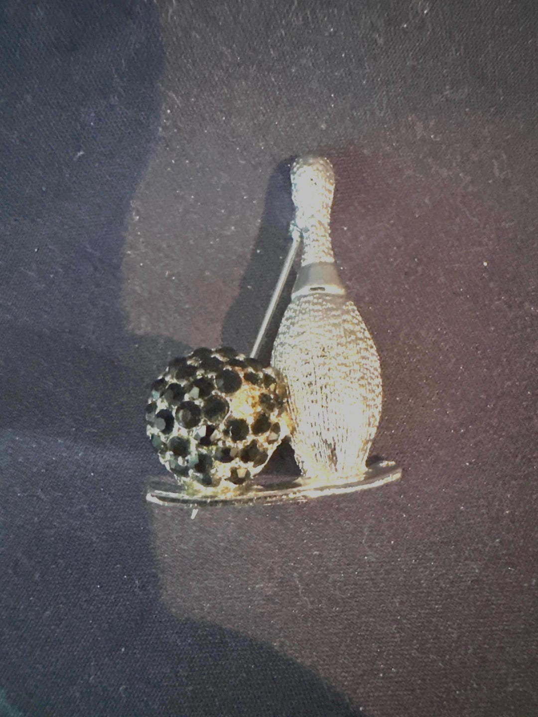 Vintage Signed Silver Tone Bowling Pin and Black Rhinestone Ball Brooch ...