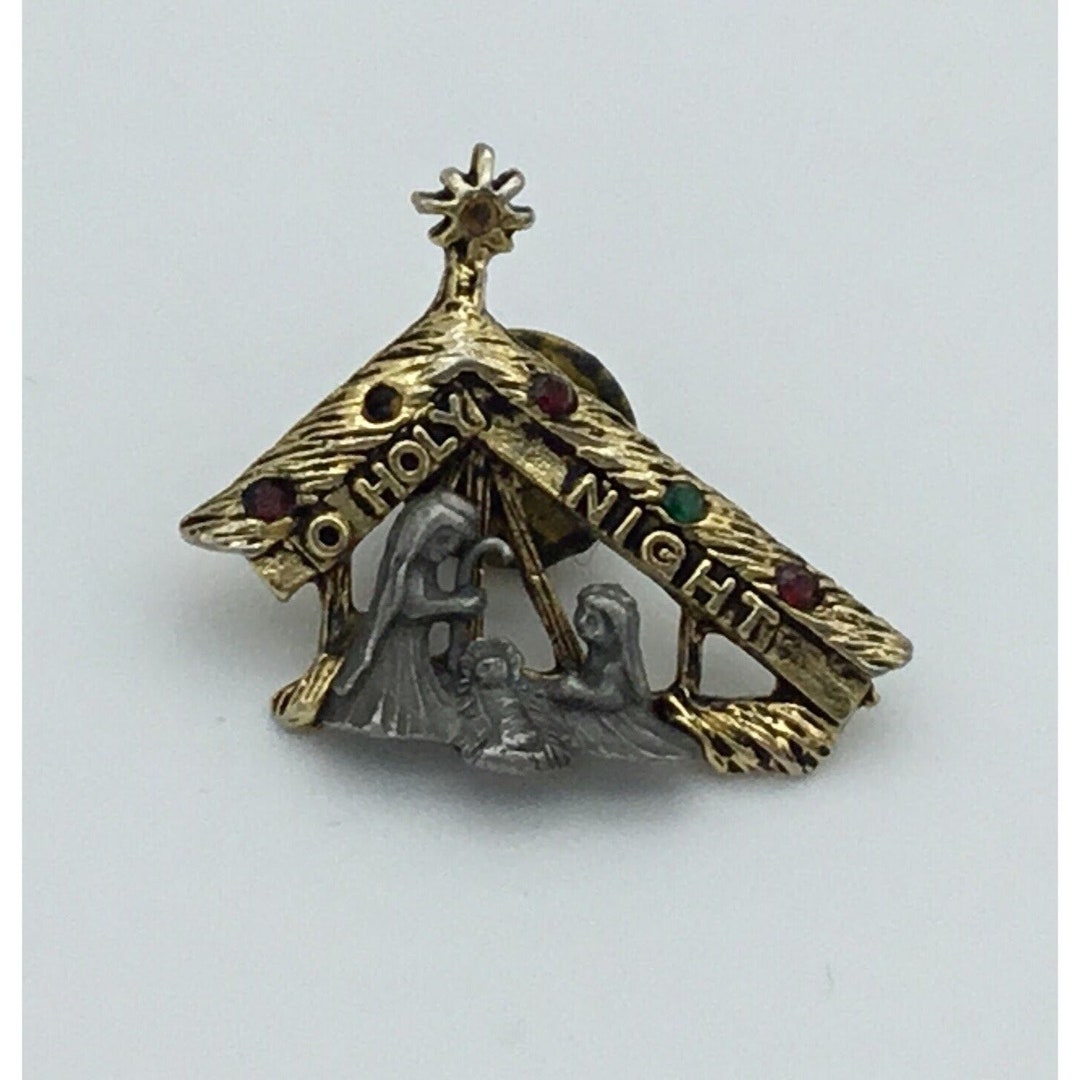 Gold Tone Vintage Manger Scene Pin With Faux Gemstones for Lapel Hat ...