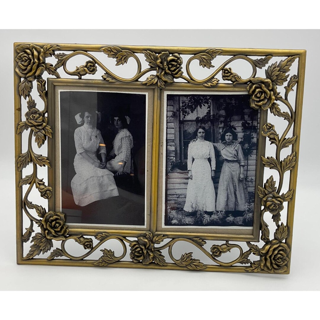 Vintage Brass Double Picture Frame With Floral Design - Holds Two 3 X 5 ...