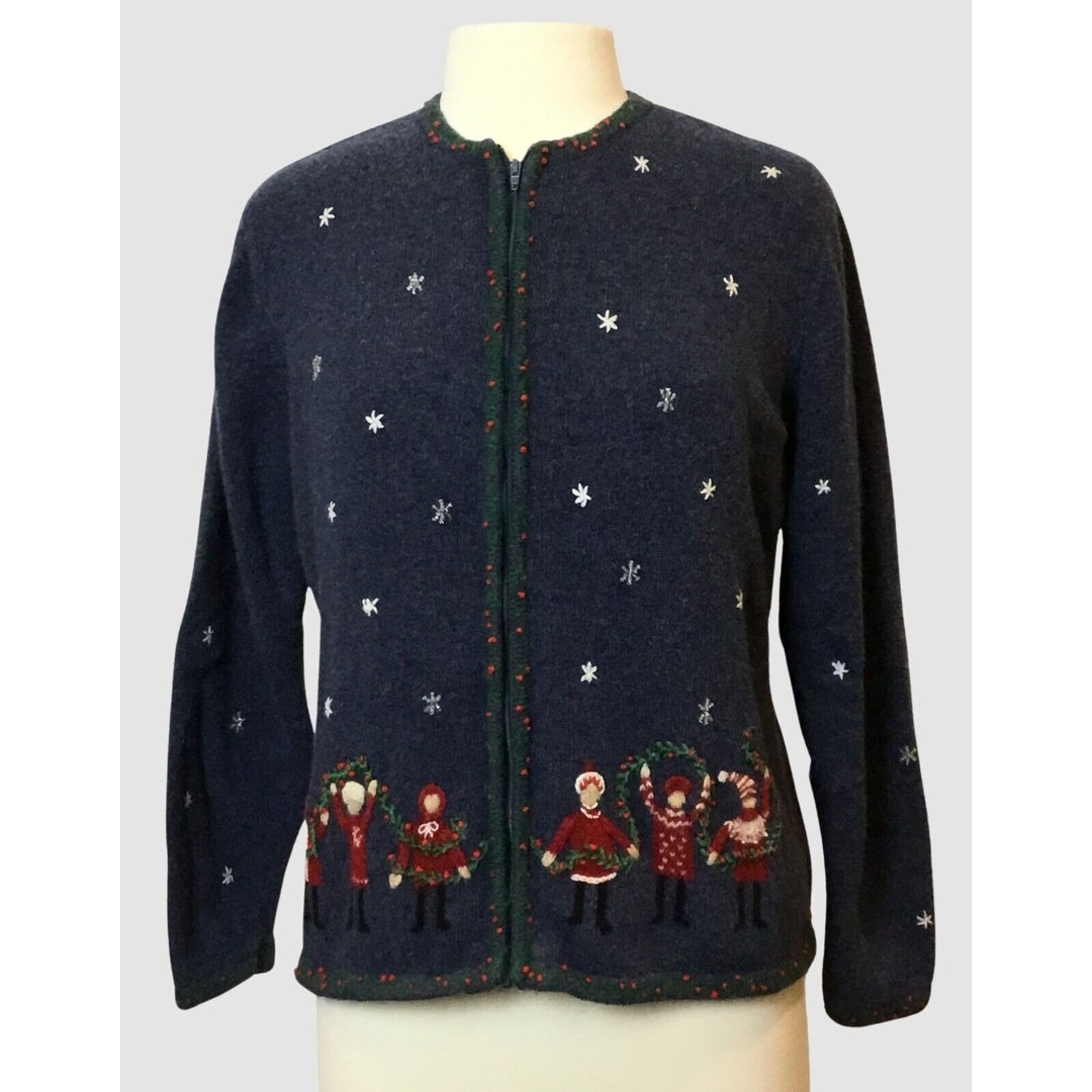Talbots Lambswool Holiday Embroidered Zip Front Long Sleeve Vintage ...