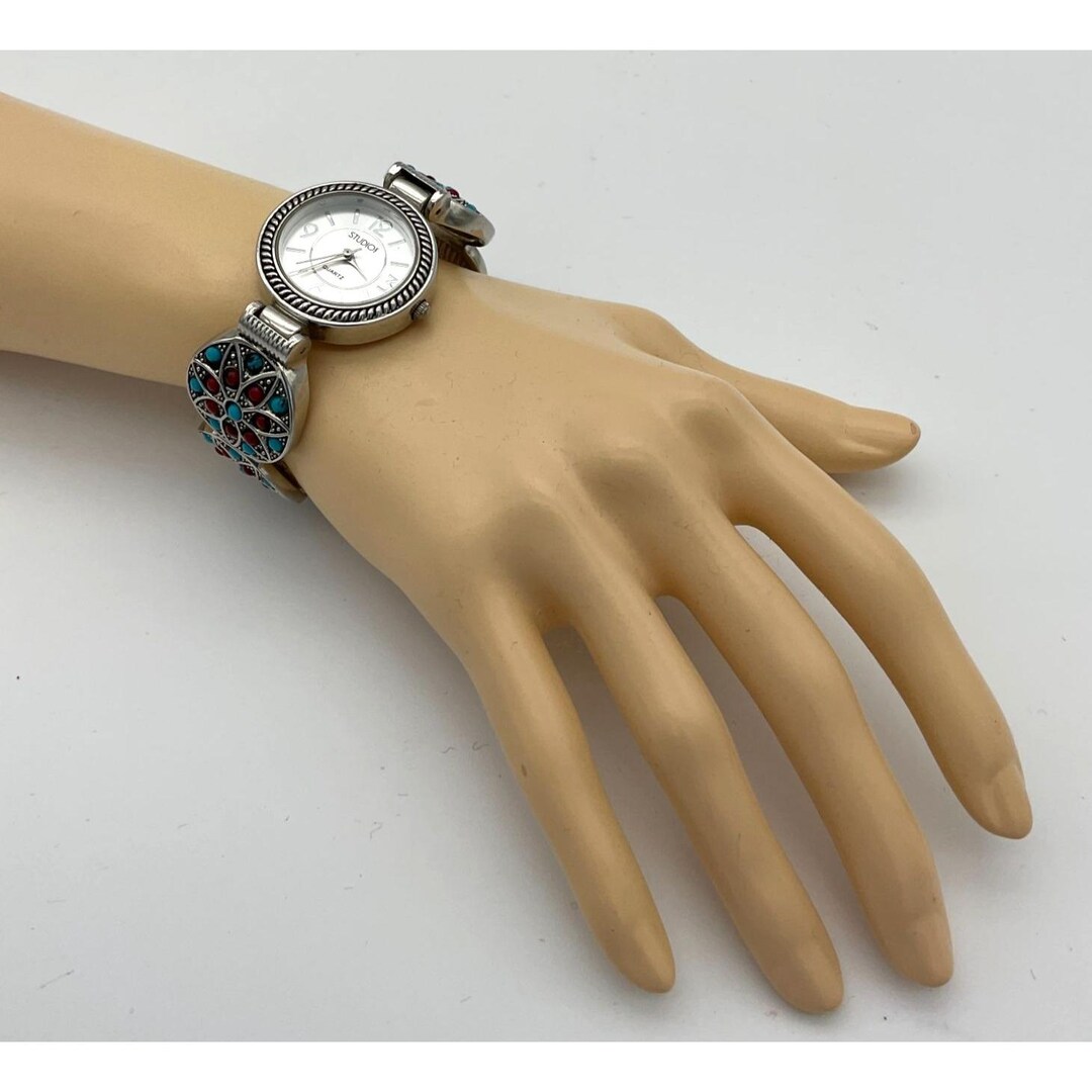 Studio Quartz Cuff Watch Aqua & Red Stone Accents Stainless Steel Back ...