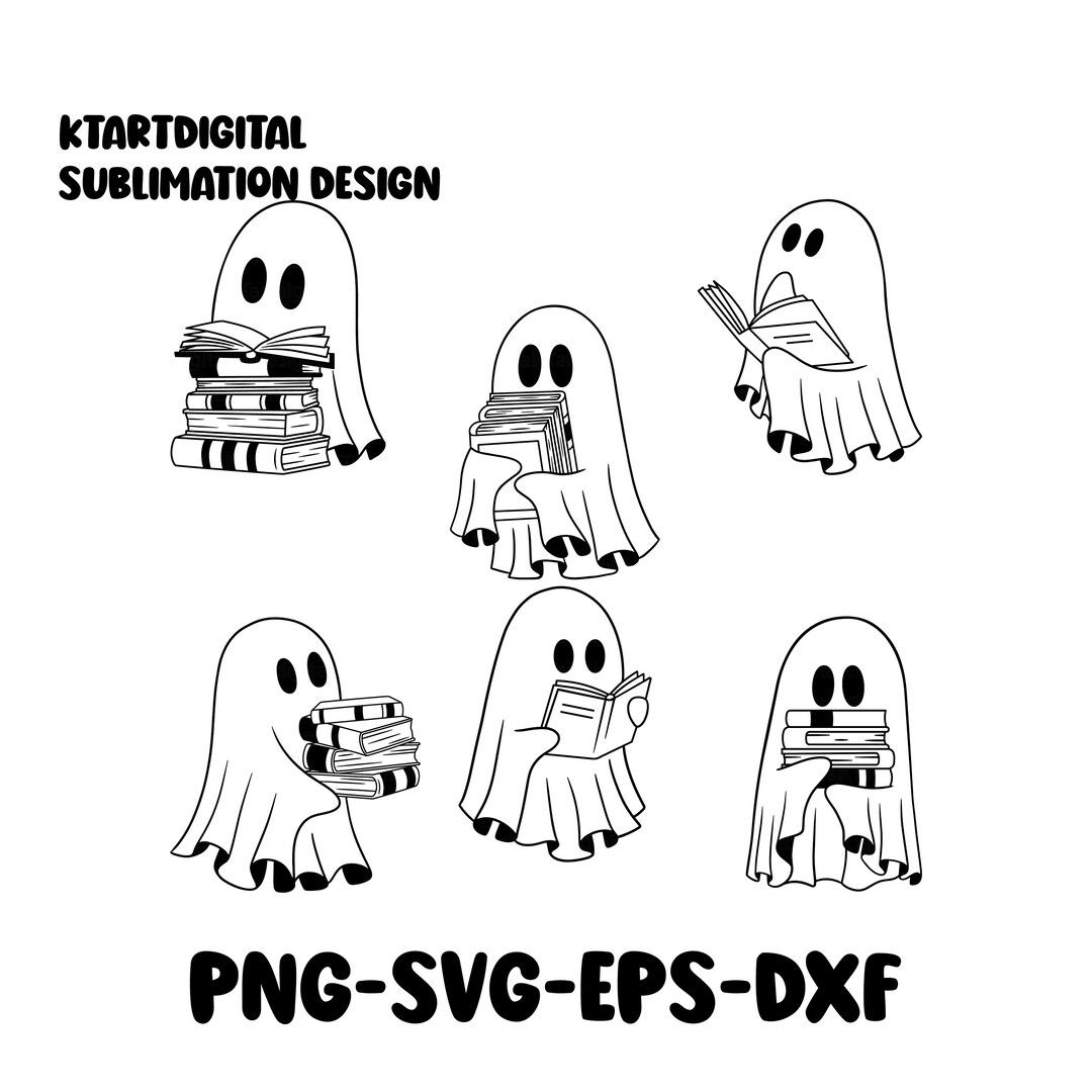 Cute Ghost Book Bundle Svg, Ghost Outline Svg, Ghost Reading Books Svg ...