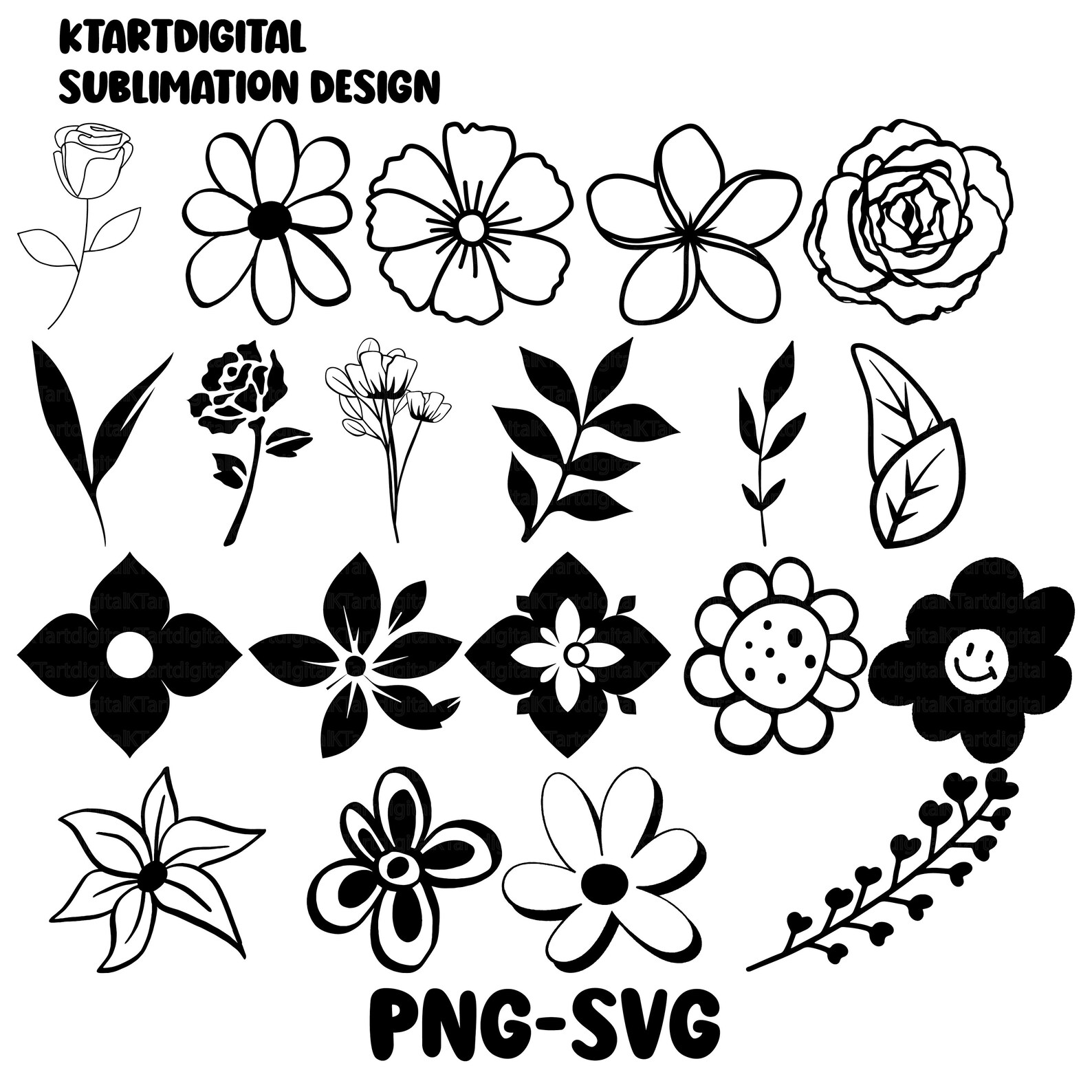 Flowers Outline Svg, Cricut Silhouette, Leaves Svg Bundle, Instant ...