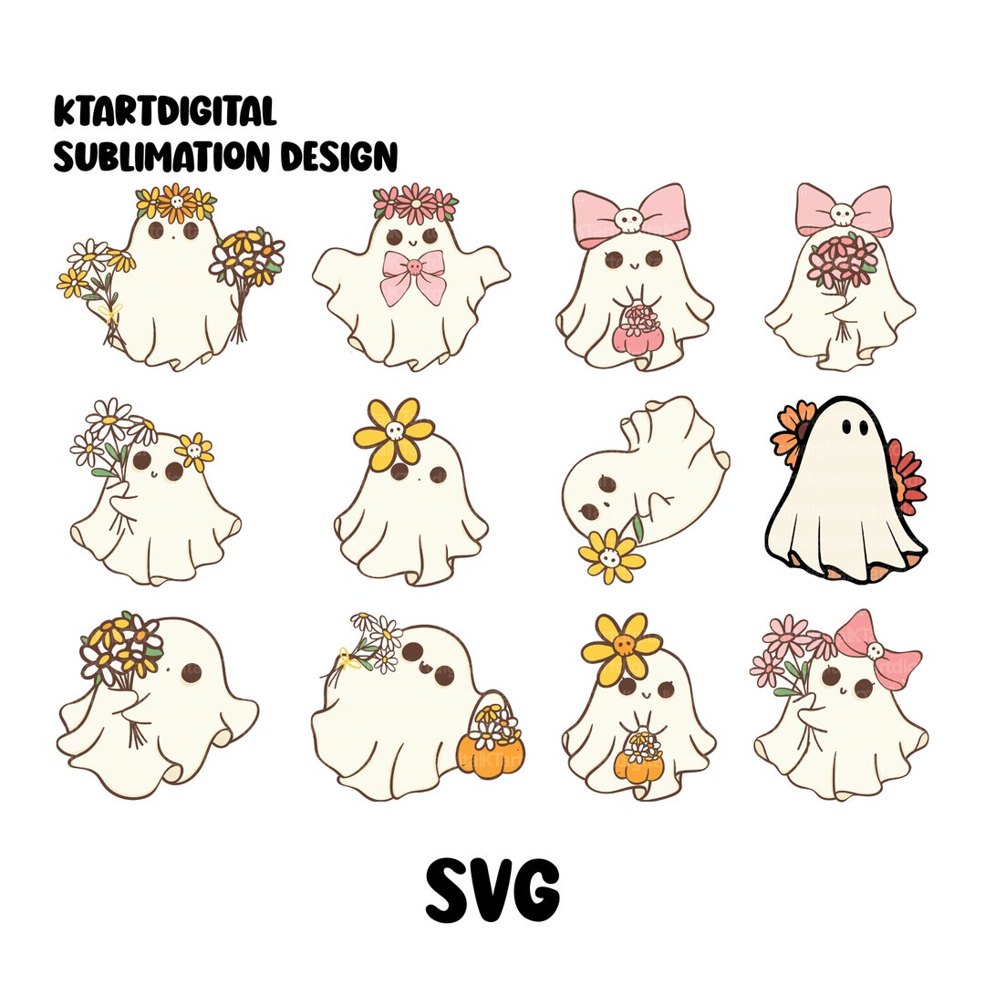 Cute Floral Ghost Bundle Svg, Ghost With Flowers Svg, Halloween ...