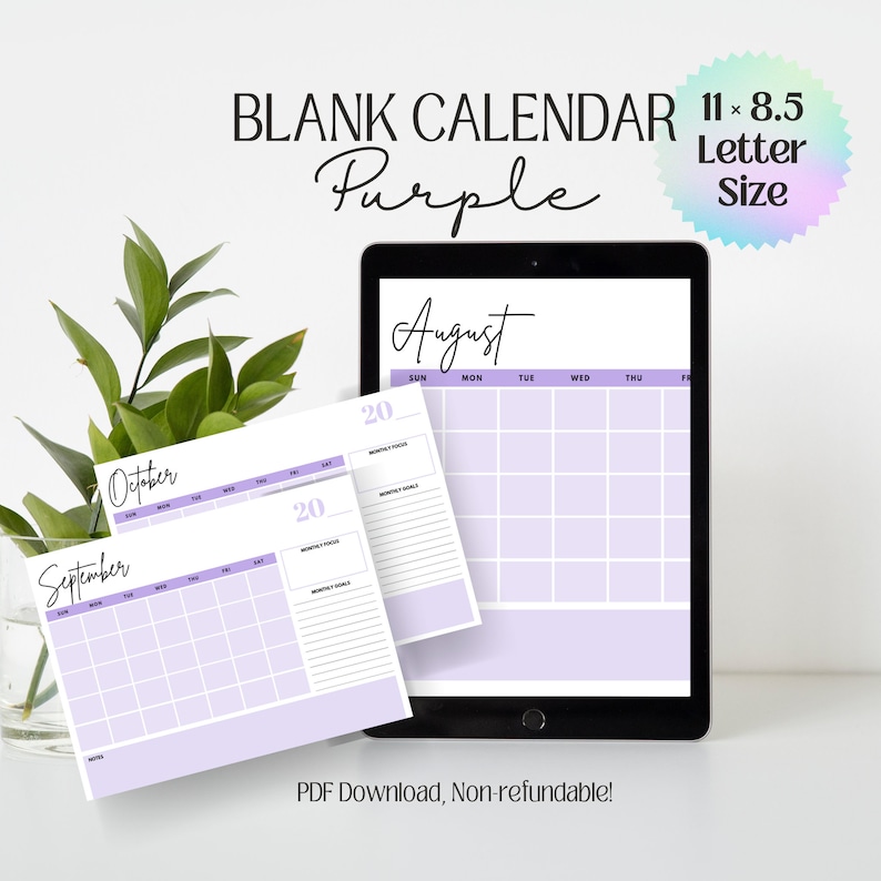 Purple Blank Calendar With Notes - Etsy