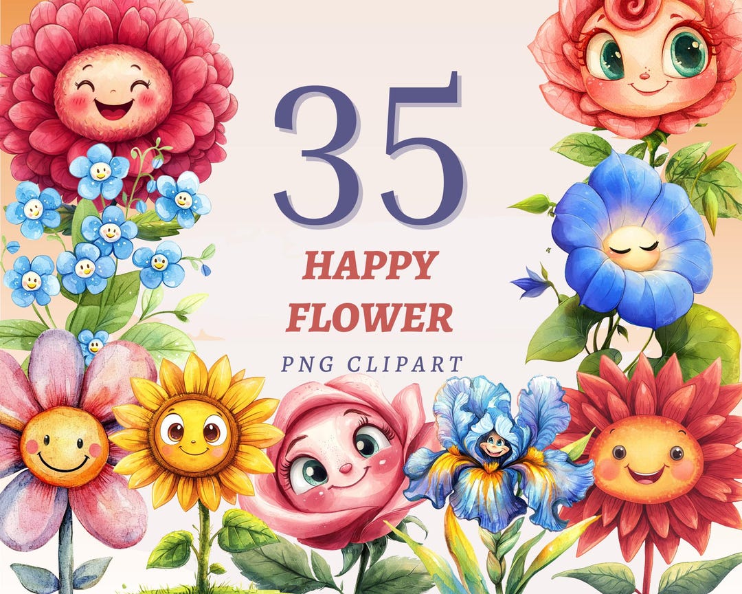 35 Happy Flower Clipart Smiley Colorful Flower Illustration Digital ...