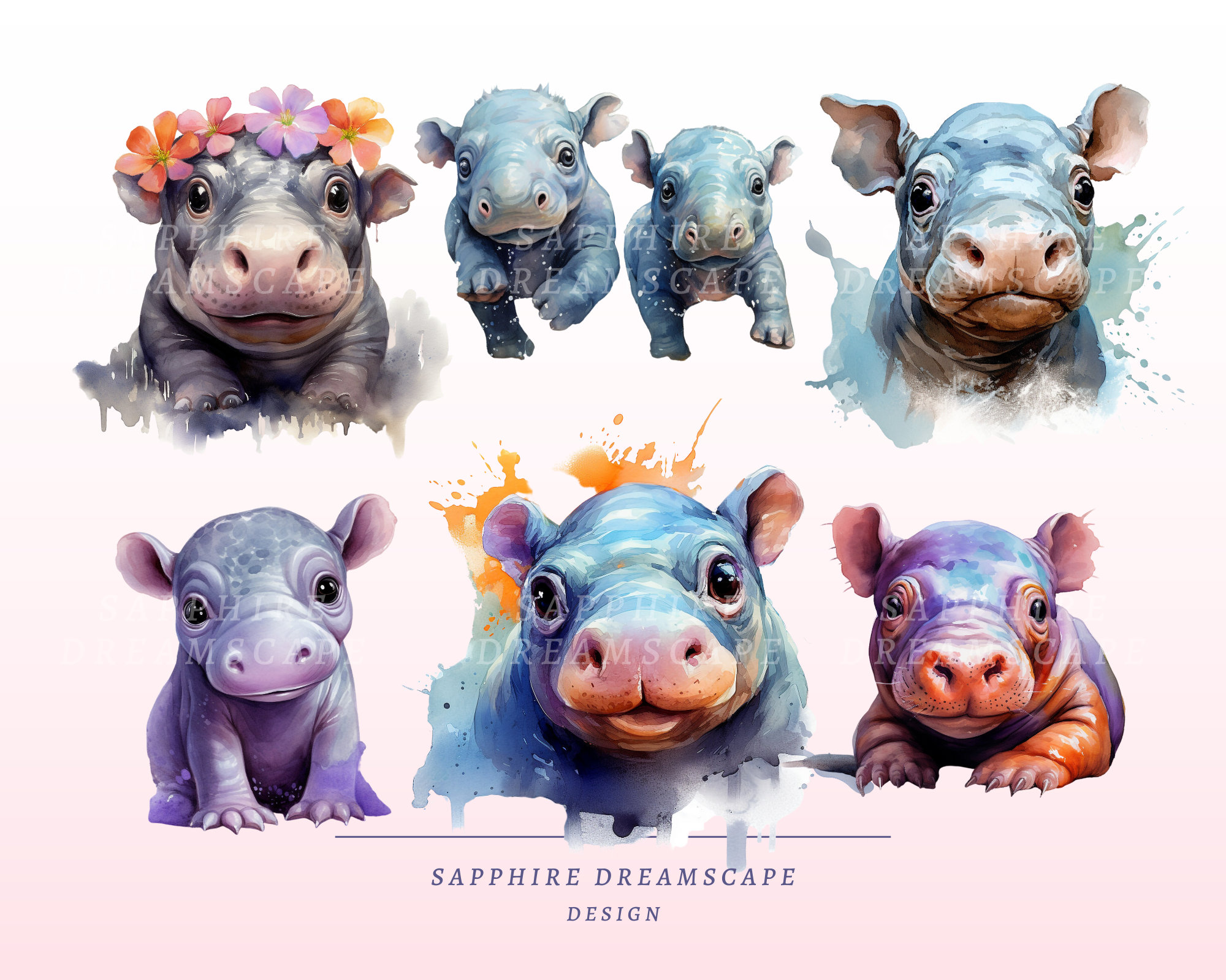 30 Watercolor Baby Hippo Clipart High Quality Transparent - Etsy