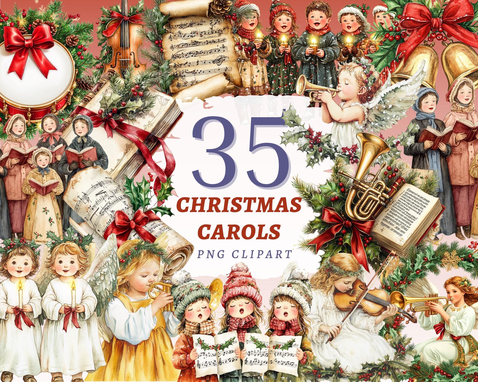 35 Christmas Carols Clipart Set, Festive Singing Carolers for Holiday ...