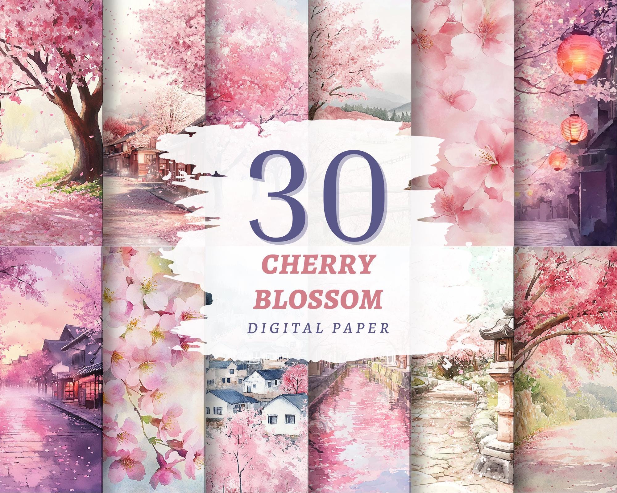 Cherry Blossom Digital Paper Pack, Japanese Artwork Spring Landscapes ...