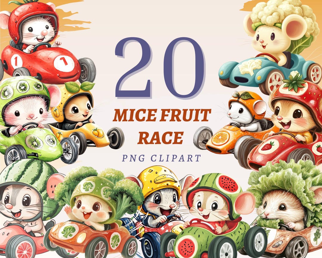 20 Mice Fruit Race Clipart Cute Mouse Artwork Bundle Baby Cars ...