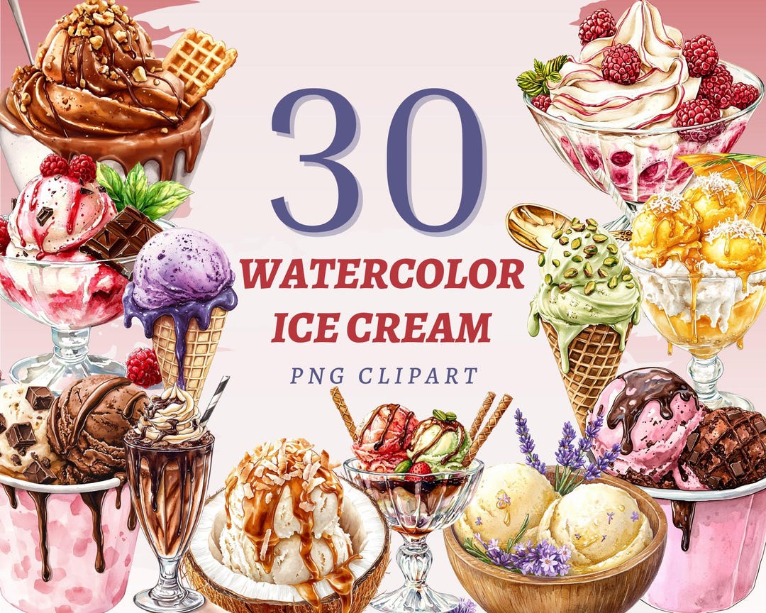 30 Watercolor Ice Cream Clipart, High Quality Transparent Pngs, Instant ...
