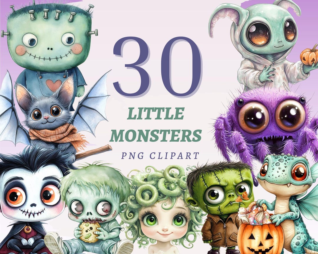 30 Little Monsters Clipart Bundle for Halloween Crafts Cute Cartoon ...