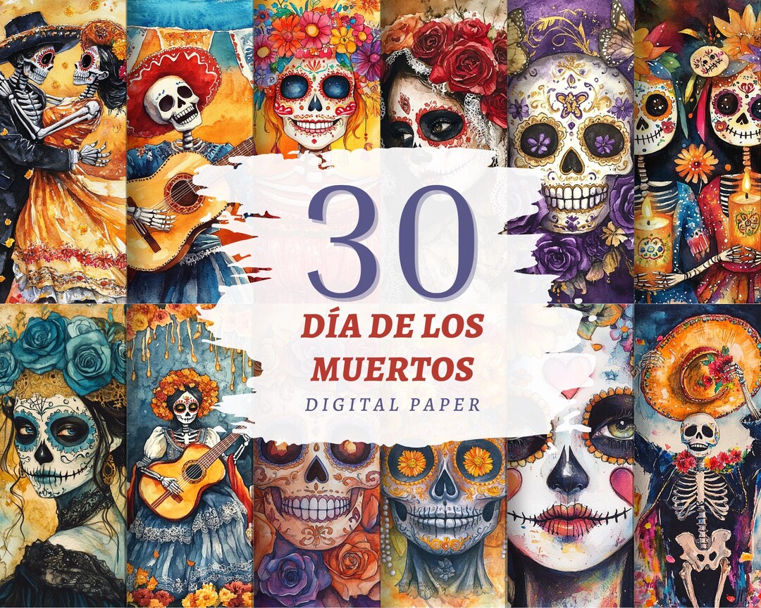 Dia De Los Muertos Digital Paper Print Sugar Skulls JPEG Decoration ...