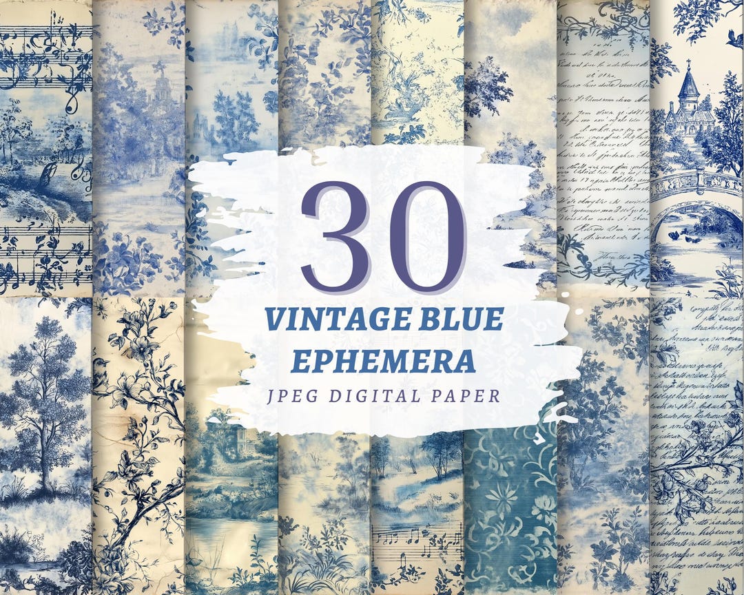 Vintage Blue Ephemera Digital Paper, Old Collage Sheets, High Quality ...