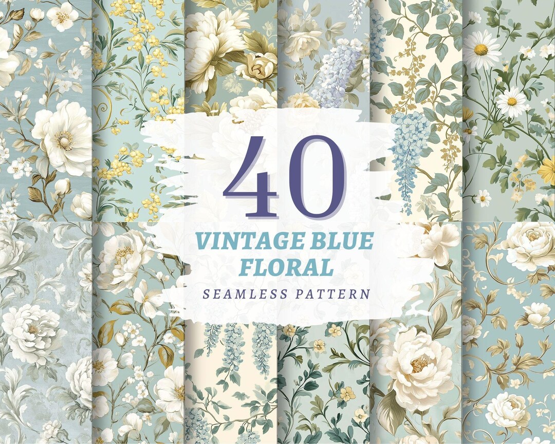 Vintage Blue Floral Digital Paper, Instant Download, Commercial Use ...