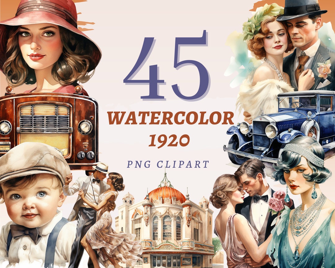 45 Watercolor 1920s Clipart, High Quality Transparent Pngs, Instant ...