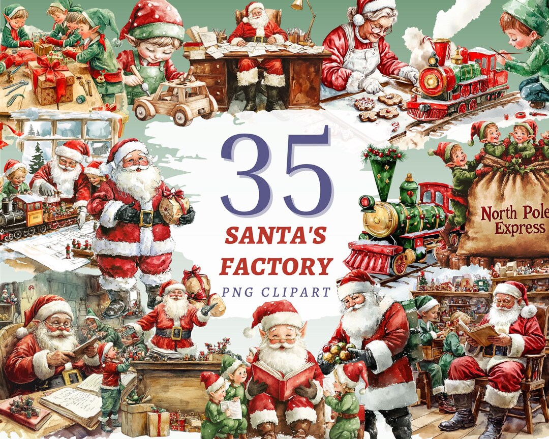 35 Santa’s Factory Christmas Clipart Set, North Pole Workshop ...