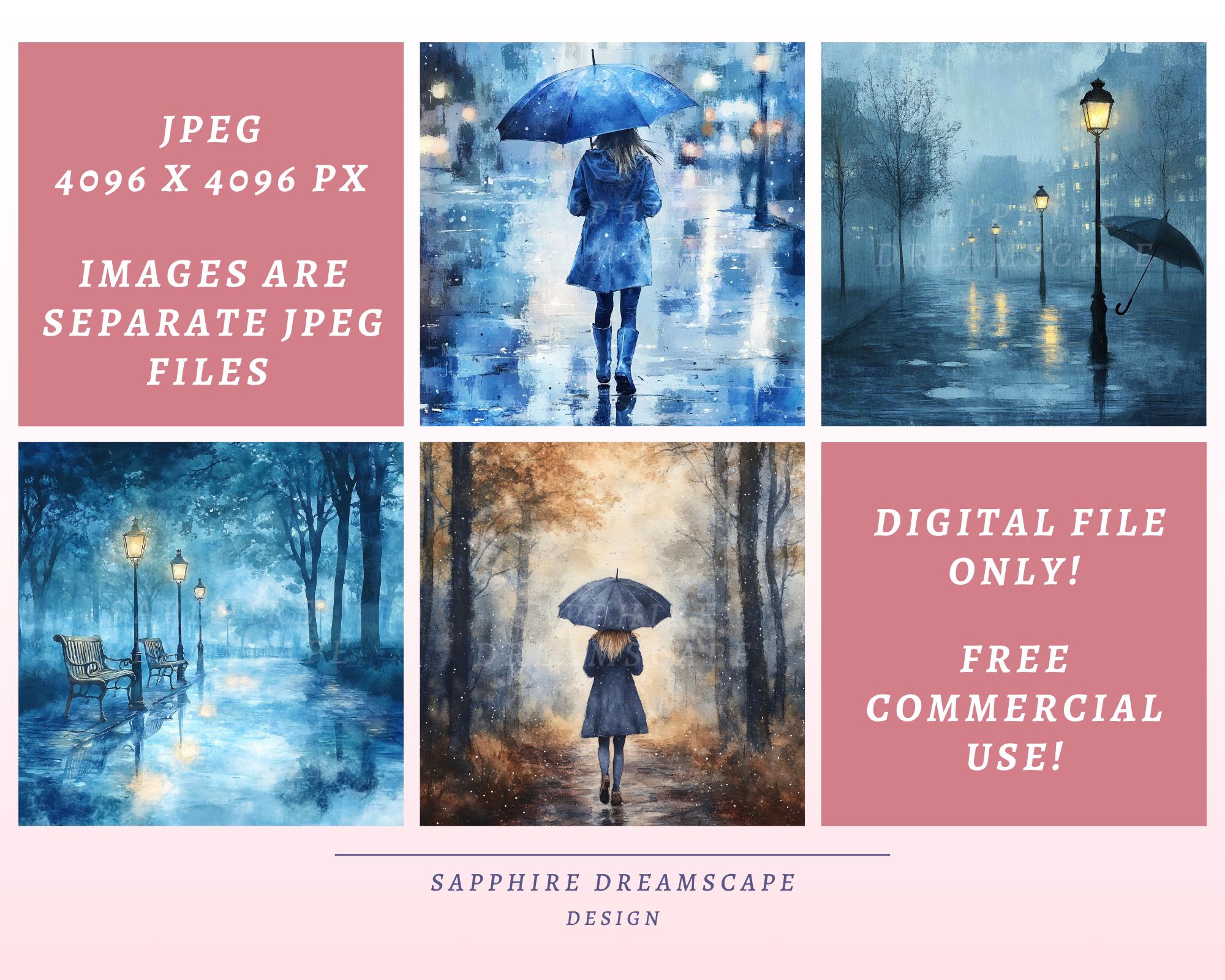 30 Rainy Day Digital Paper Rain Scene Background JPEG Girl With Blue ...