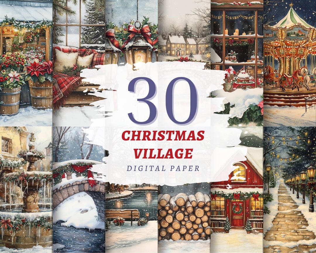 Christmas Village Digital Paper Set, Cozy Snowy Town Scenes, Winter ...