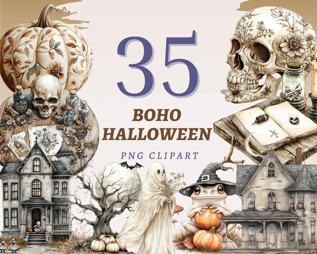 35 Boho Halloween Clipart Boho Digital Download Neutral Pumpkin ...