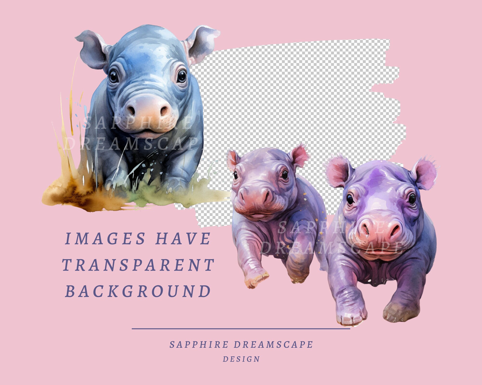 30 Watercolor Baby Hippo Clipart High Quality Transparent - Etsy