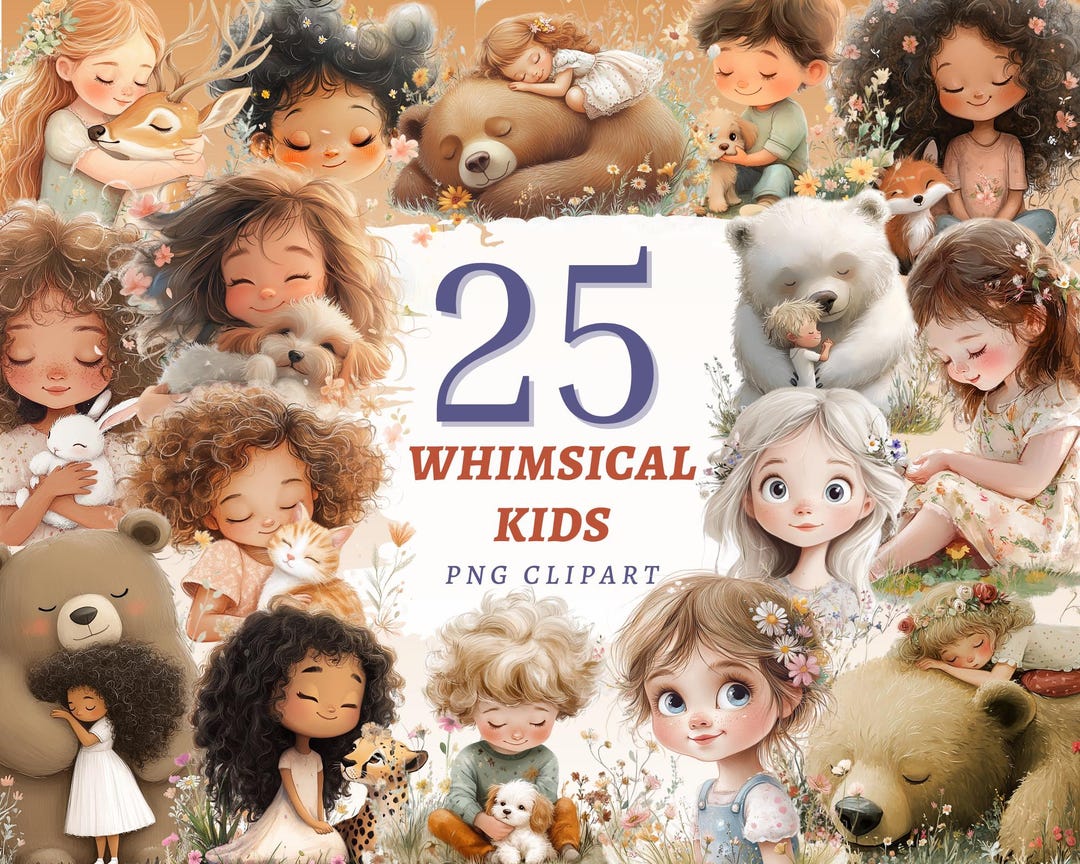 25 Whimsical Kids PNG Bundle, Cozy Storybook Children Illustrations for ...