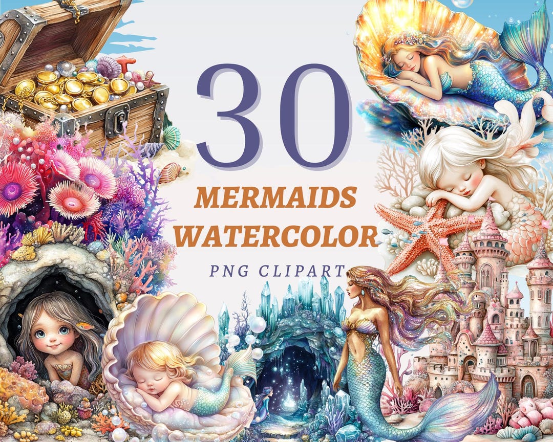 30 Mermaid Watercolor Clipart Fantasy Ocean Printable Bundle Cute ...