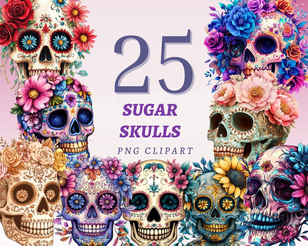 25 Sugar Skulls Clipart Set for Day of the Dead Crafts Colorful Mexican ...