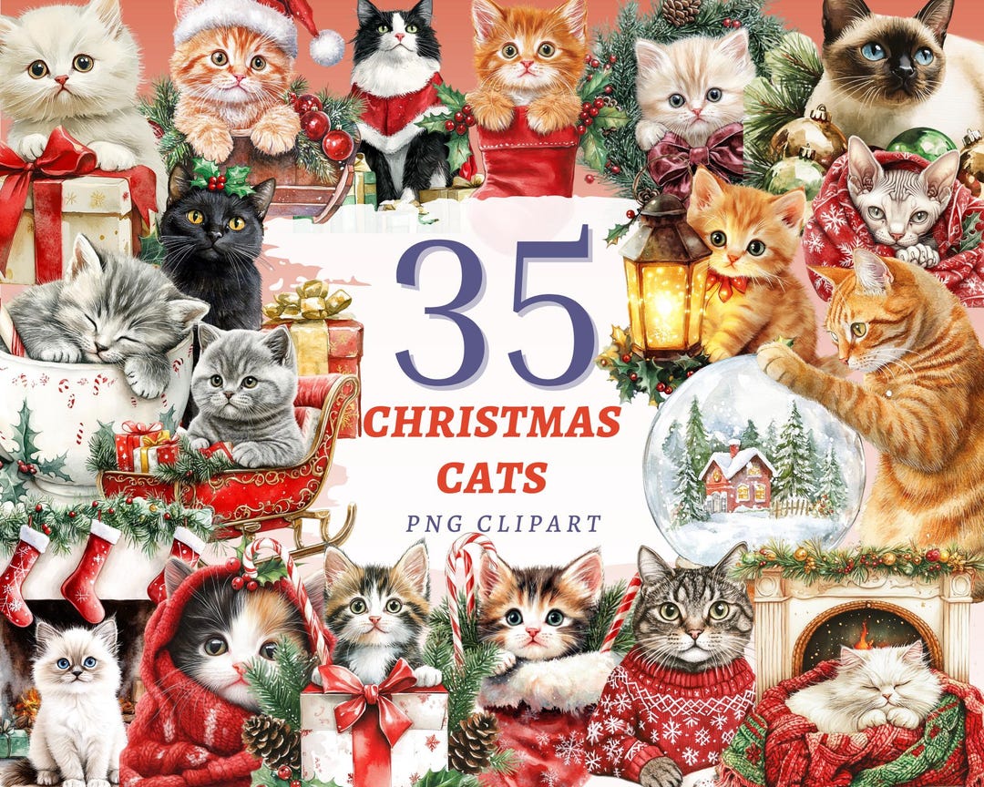 35 Christmas Cats Clipart Set, Cute Festive Cat Illustrations for ...