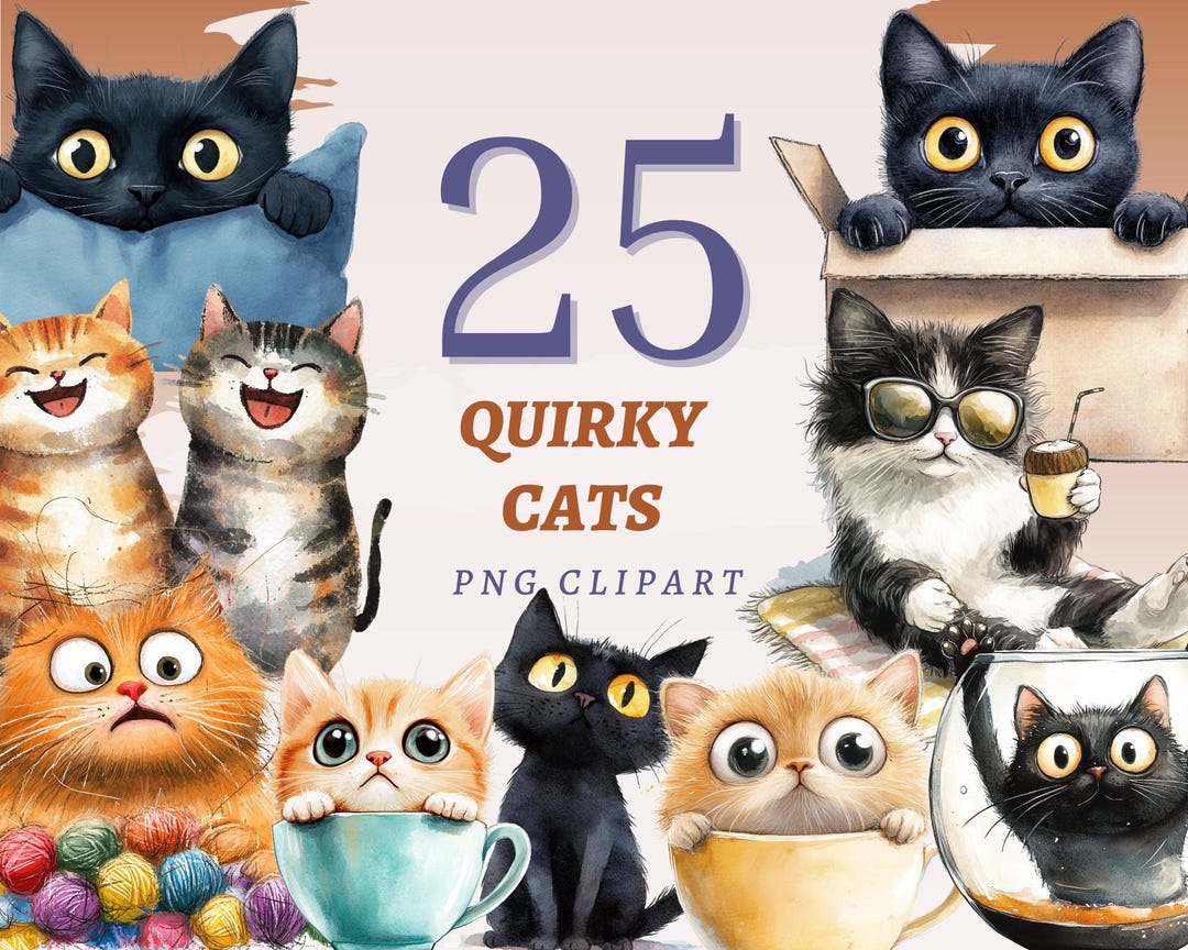 25 Quirky Cats Clipart Bundle, Whimsical Kitty Illustrations, Funny Cat ...