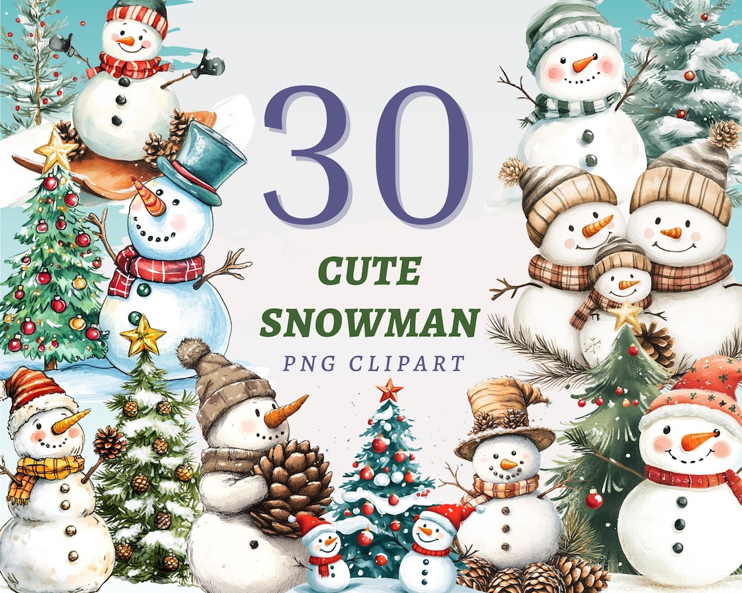 30 Cute Snowman Watercolor Clipart Set, Winter Holiday PNG, Festive ...
