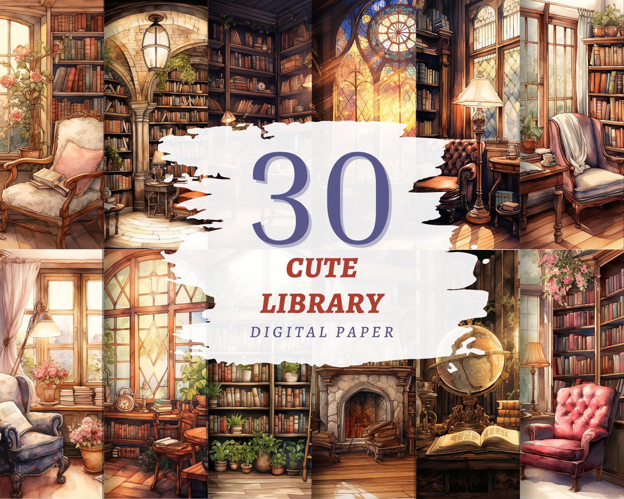 Cute Cozy Library Digital Paper, Vintage Book Nook Backgrounds ...