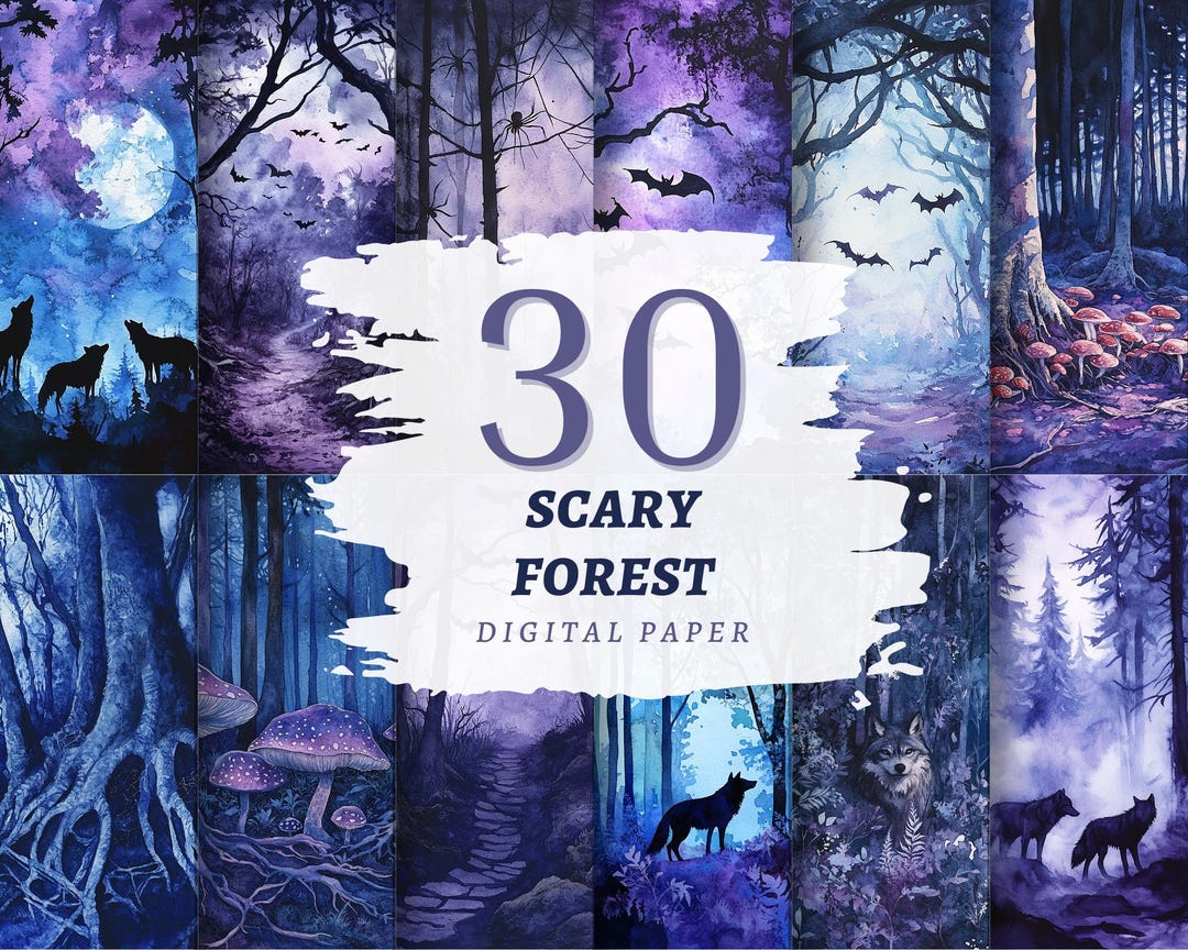Scary Forest Digital Paper Pack, Dark Blue and Purple Woodland Scenes ...