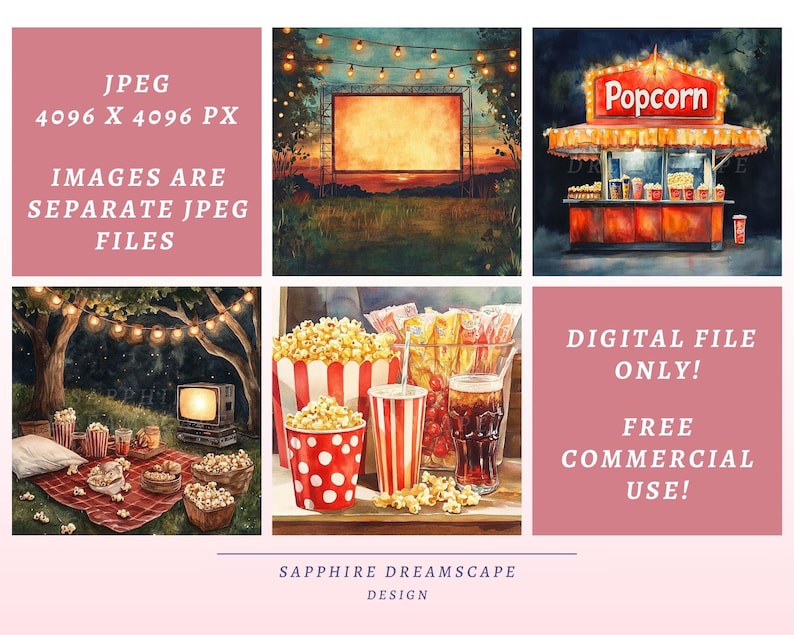 35 Movie Night Digital Paper Pack, Cinema Backgrounds, Popcorn Tickets ...
