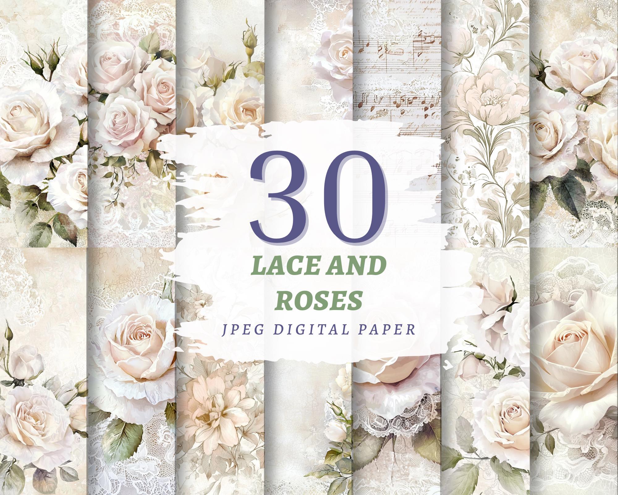 Lace and Roses Digital Paper Set, Floral Watercolor Scrapbook Paper ...
