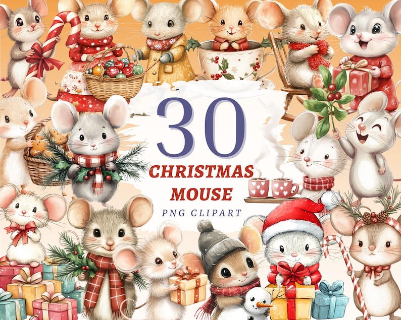 30 Christmas Mouse Clipart Cute Winter Animal Illustration Adorable ...