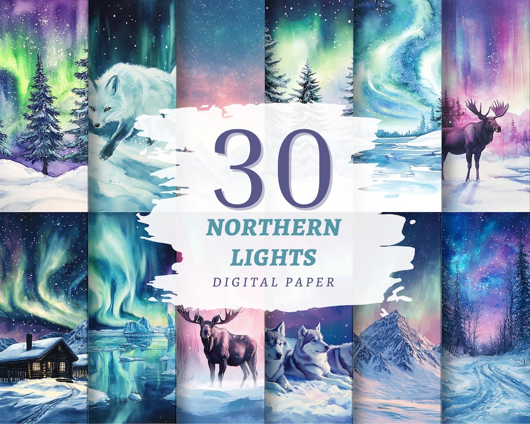 Northern Lights Digital Papers, Aurora Borealis Winter Landscape, Snowy ...