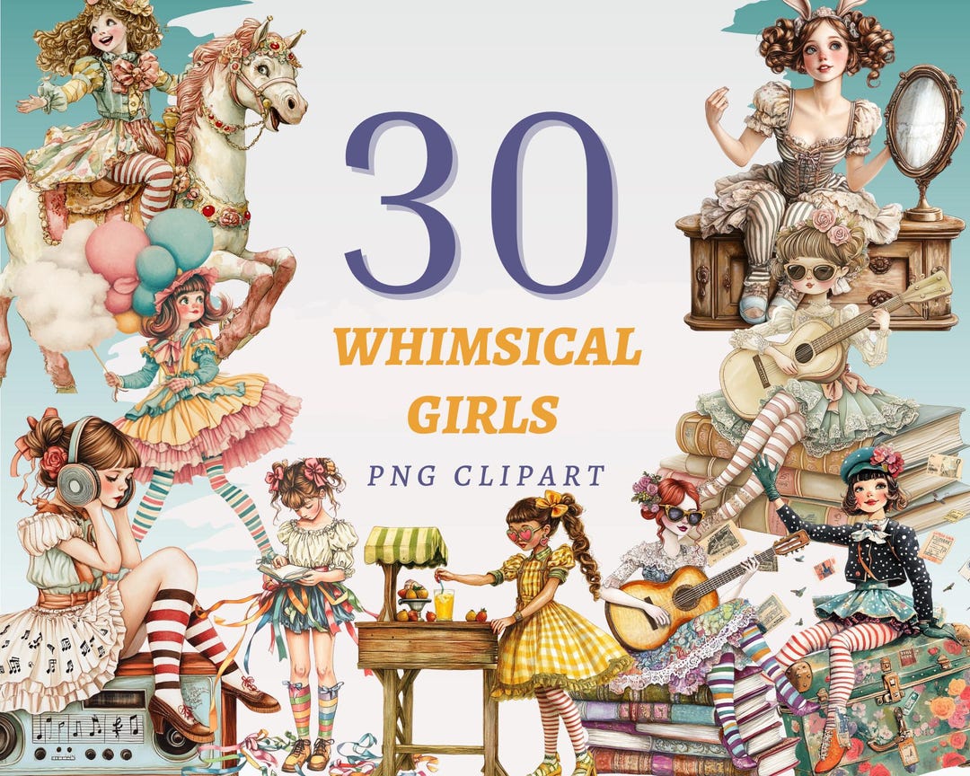 30 Whimsical Girl Clipart Watercolor Flower Lady Print Feminine Beauty ...