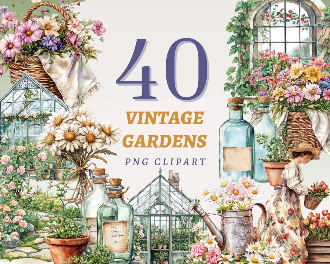 40 Vintage Garden Clipart Retro Garden Print Bundle Antique Flowers ...