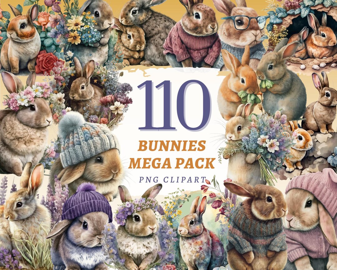 110 Bunnies Megapack Clipart Bundle, Little Bunny Illustrations ...