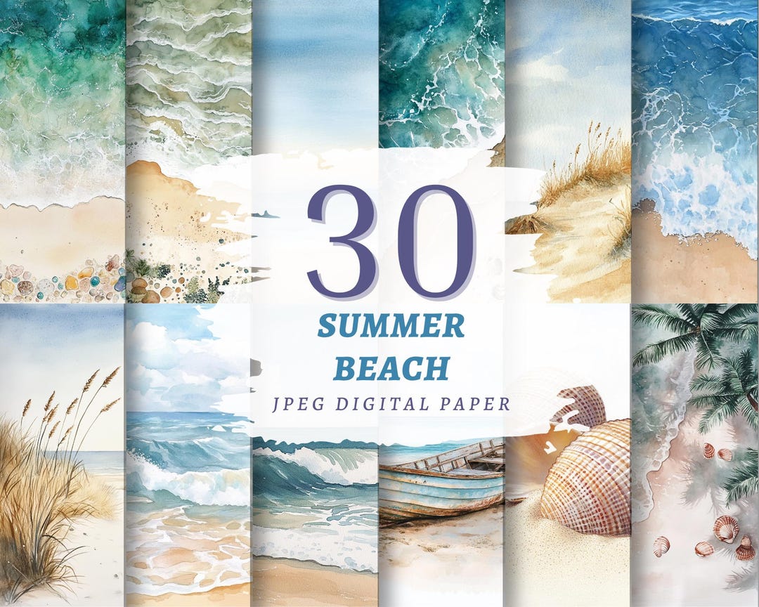 Pastel Summer Beach Digital Paper Watercolor View Images Travel ...