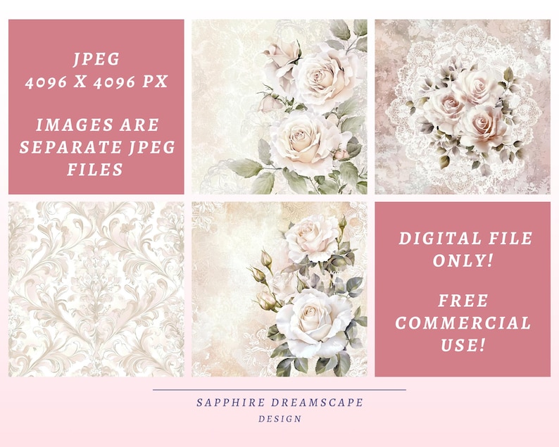 Lace and Roses Digital Paper Set, Floral Watercolor Scrapbook Paper ...
