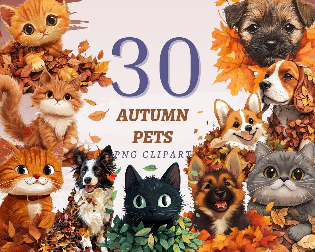 30 Autumn Pets Clipart Set With Cute Cats and Dogs Playing in Fall ...