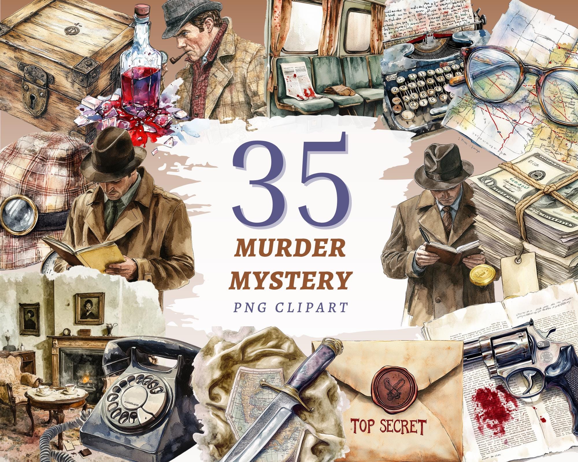 35 Murder Mystery Clipart Mystery Illustration Set Noir Detective ...