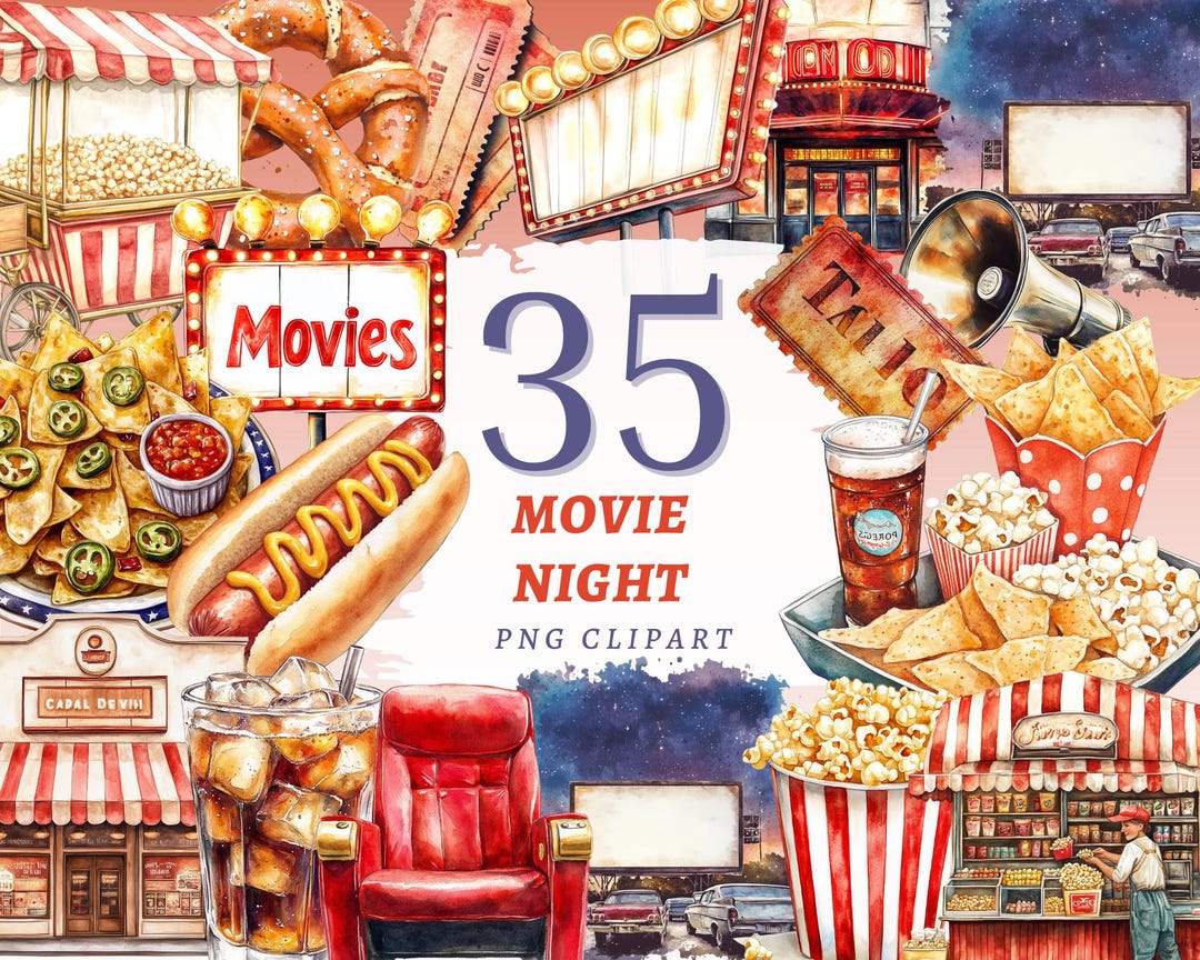 35 Movie Night Clipart Bundle, Cinema Snacks, Film Icons and Cozy ...