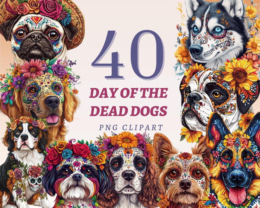 40 Day of the Dead Dog Clipart Colorful Sugar Skull Puppy PNG Set ...