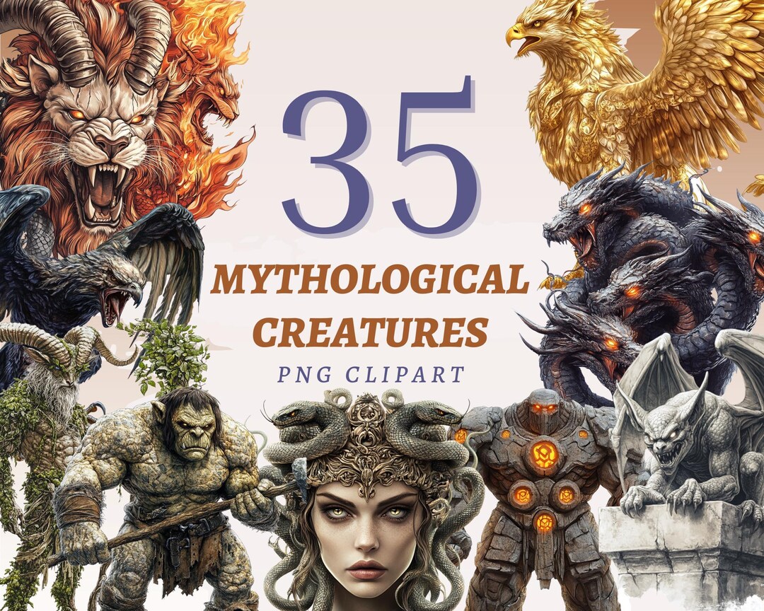 35 Mythological Creatures Clipart Set With Dragons, Medusa, Cyclops ...